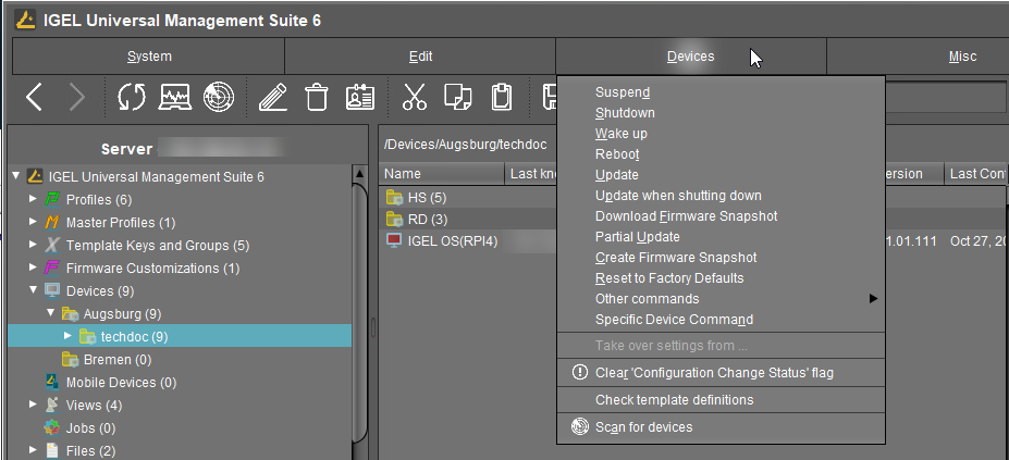 Menu Bar of the IGEL UMS Console