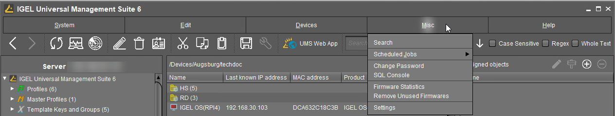 Menu Bar of the IGEL UMS Console