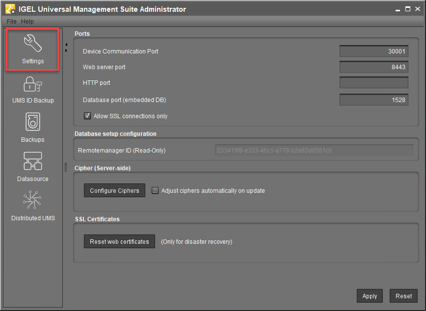 Settings - Change Server Settings in the IGEL UMS Administrator