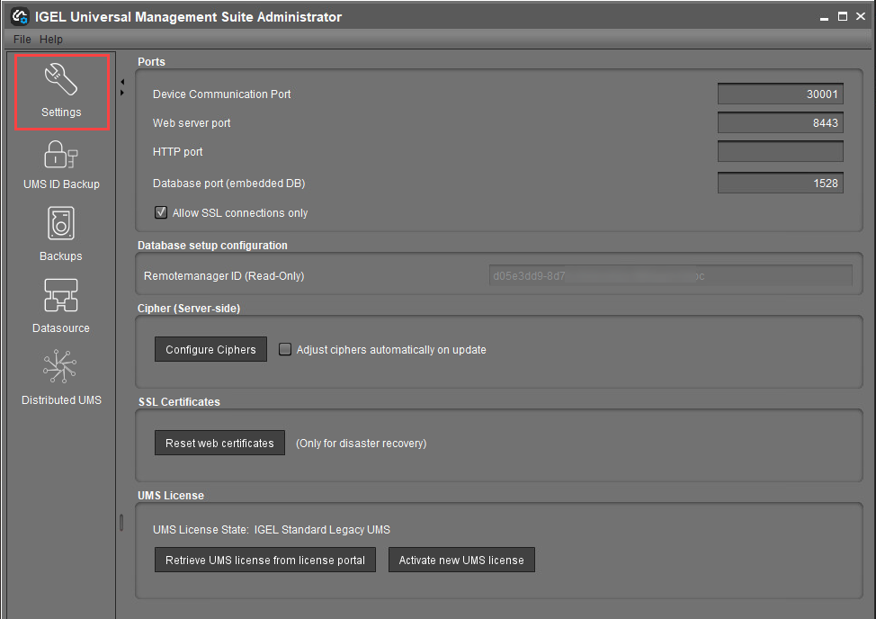 Settings - Change Server Settings in the IGEL UMS Administrator