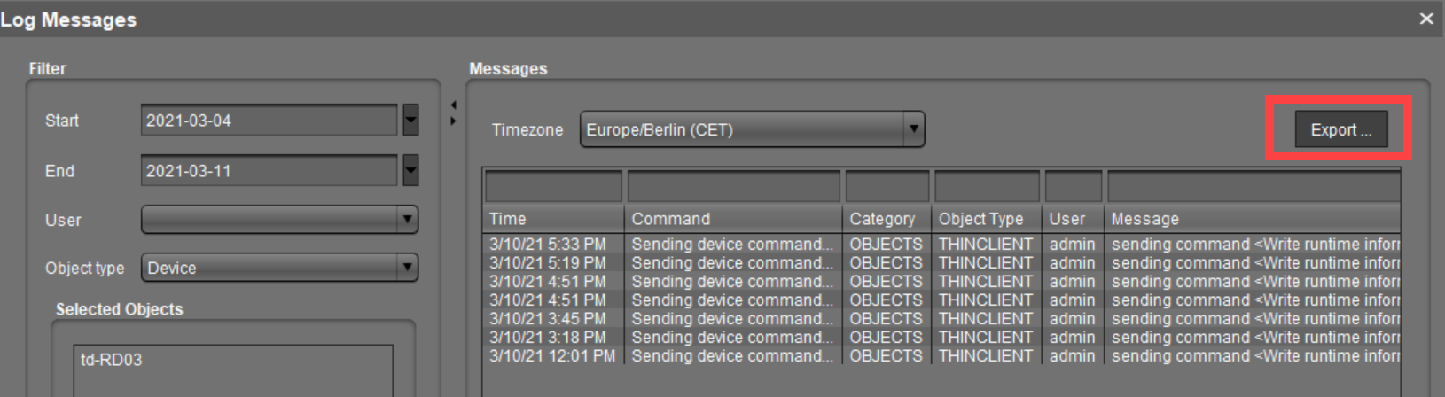 Logging Dialog Window: Setting a Filter