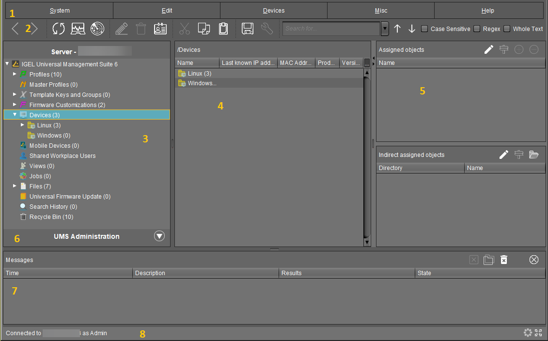 User Interface Areas of the IGEL UMS Console